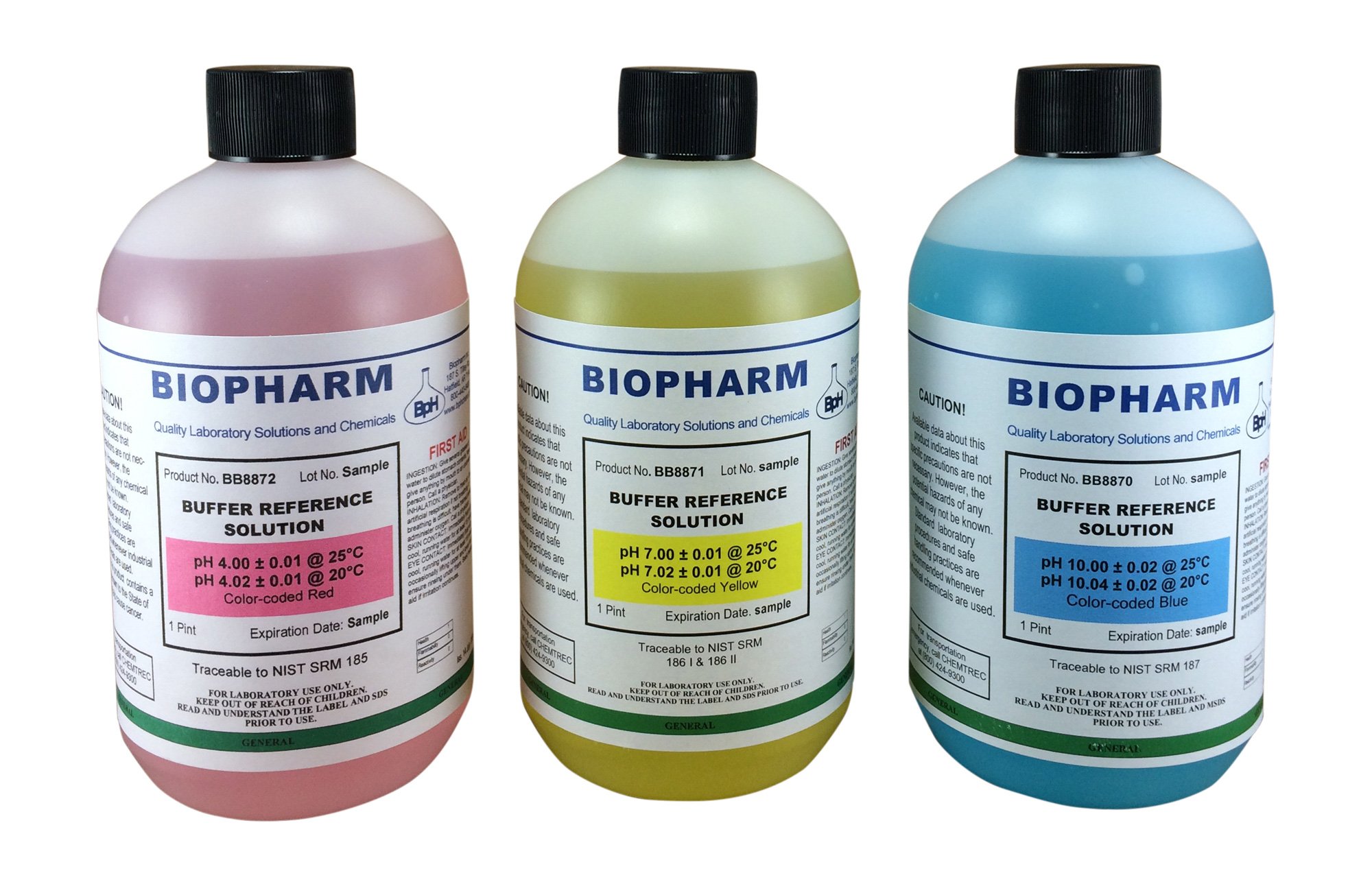 pH Buffer Calibration Solution Kit 3-Pack: pH 4.00, pH 7.00, pH 10.00 Buffers â 500 mL (1.06 Pint) Each â Color Coded â NIST Traceable for All pH Meters
