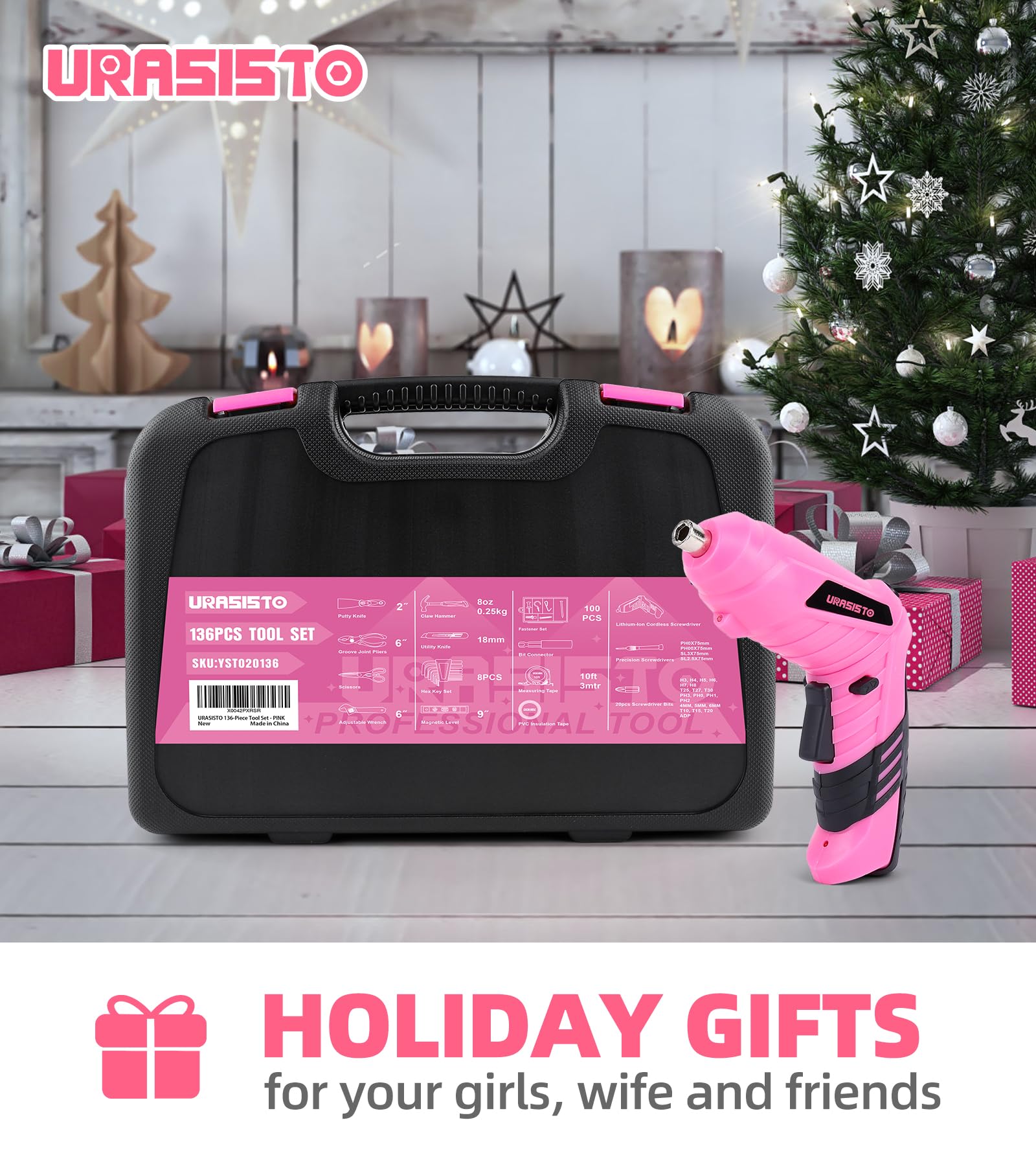 URASISTO Pink Household Tool Set with 3.6V USB Electric Screwdriver, 136 PCS Home Tool Kit with Cordless Lithium-ion Drill Driver, Hand Tool Kits for Women