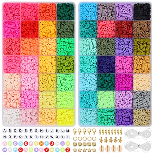 SJZWSD 14400pcs Clay Beads Bracelet Making Kit，56 Colors Flat Round Polymer Clay Beads Heishi Beads ，300pcs Letters Beads for DIY Jewelry Bracelets Necklace Making