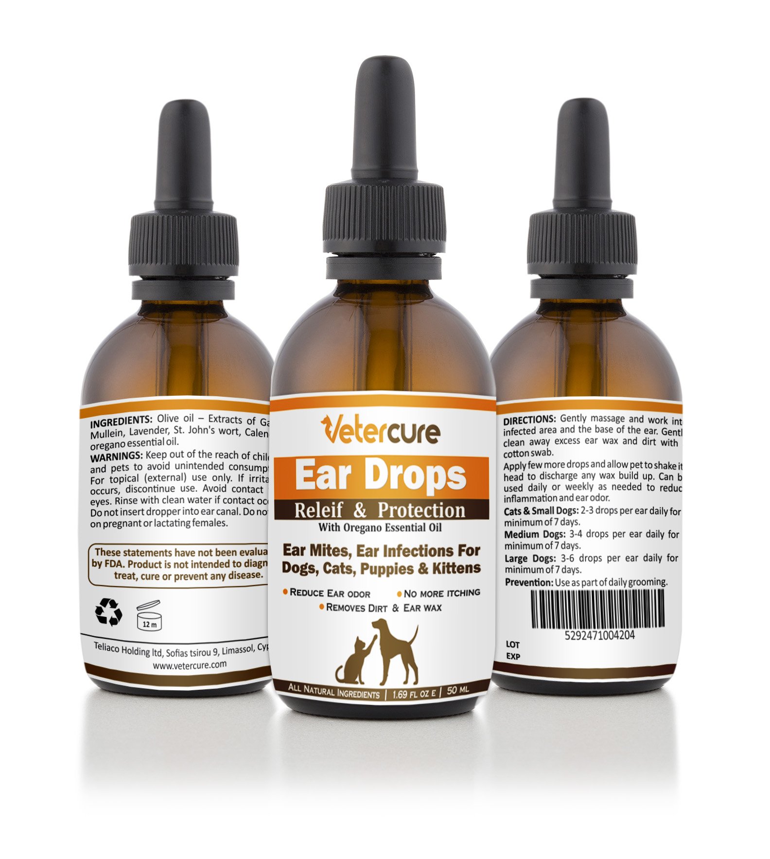 Vetercure Ear Drops For Any Pet- Relieve Your Pet From Ear and Reduce Odor In Just One Week-100% Natural Formula Tasted For Its Quality & Effectiveness