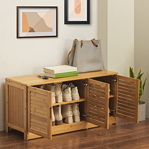 MoNiBloom 2 Tier Shoe Cabinet, Bamboo Free Standing Shoe Shelf Organizer Storage with Shutter Doors for 6-10 Pairs Home Entryway Hallway Bedroom, Natural