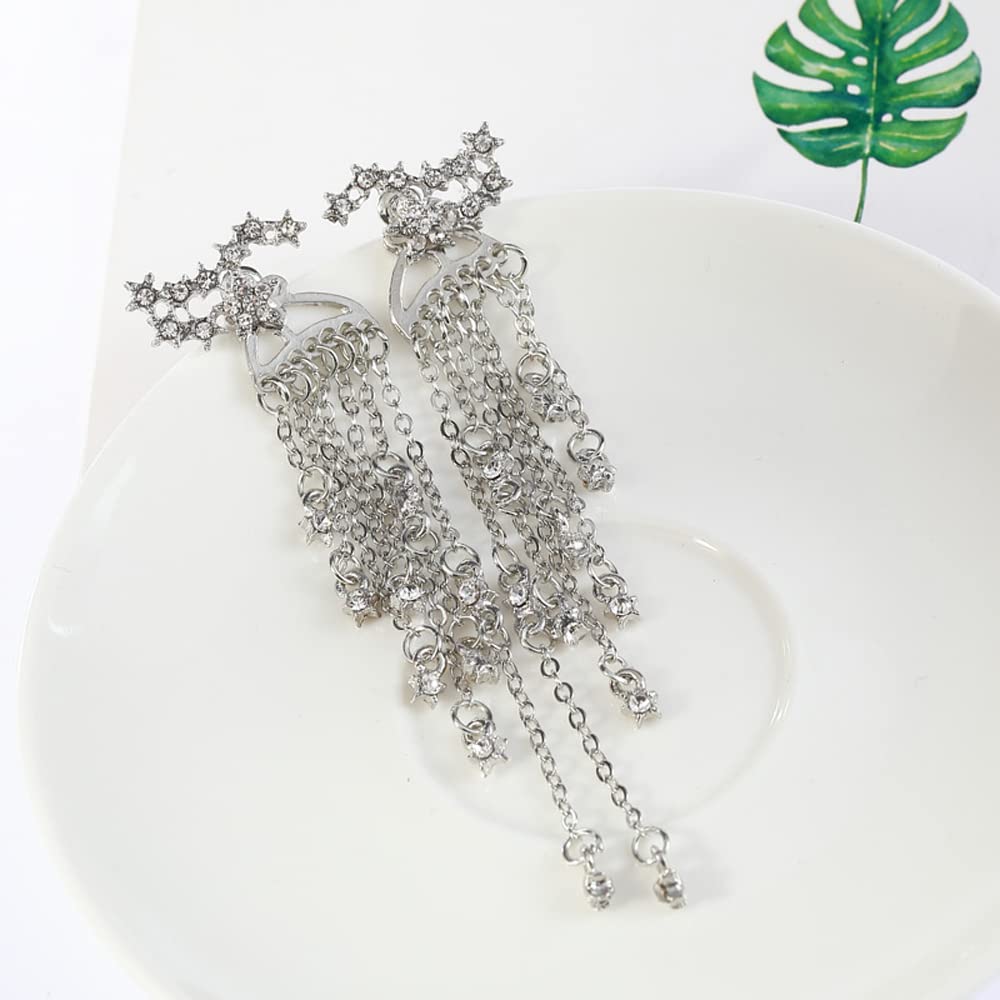 Girlssory Shining Stars Tassel Earrings Hanging Exquisite Earrings for Women (Silver)