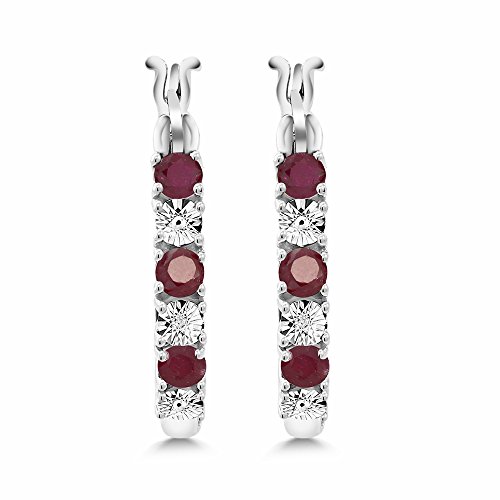 Gem Stone King 925 Sterling Silver Red Ruby and White Lab Grown Diamond Accent Women's Hoop Earrings (0.83 Cttw, 22MM = 0.85 inches Diameter)