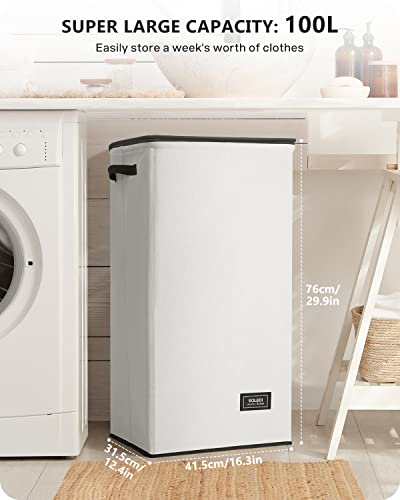 SOLEDI Laundry Hamper with Lid - 100L XL - Large Laundry Basket with Removable Bag, Collapsible Laundry Baskets, Convenient Storage - Hampers for Laundry for Bedroom, Bathroom, Closet, Dorm, Off-White