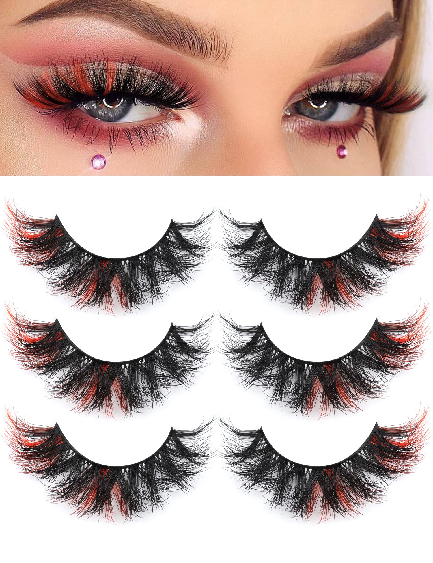 Red False Eyelashes with Color Cat Eye Lashes Mink Dramatic Fluffy Long Fake Lashes Christmas Wispy Strip Curly Lashes Pack 3 Pairs