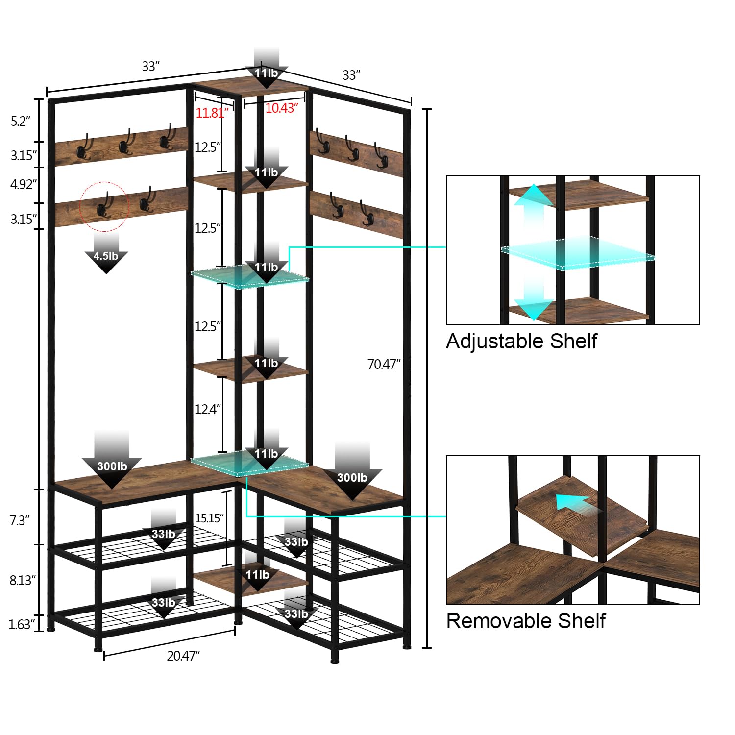 GiftGo Corner Hall Tree with Shoe Rack Storage Bench Display Open Shelves Modern Industrial Entryway Coat Rack Stand for Home Living Room Mudroom Bedroom Multifunctional 5 in 1 (Rustic Brown)