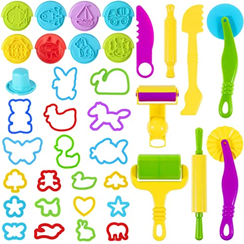 Oun Nana Playdough Tools 37 PCS Play Dough Tools Set for Kids, Playdough Accessories Various Shape Animal Molds, Playdough Cutters and Rollers(Random Color)