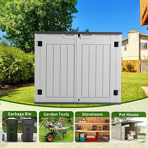 Zevemomo Resin Outdoor Storage Shed, All-Weather Horizontal Tool Shed w/o Shelf, Multi-Opening Door, Reinforced Floor, Lockable, 35 Cu.ft Capacity for Bike, Garbage Cans, Lawn Mower, Garden Tools