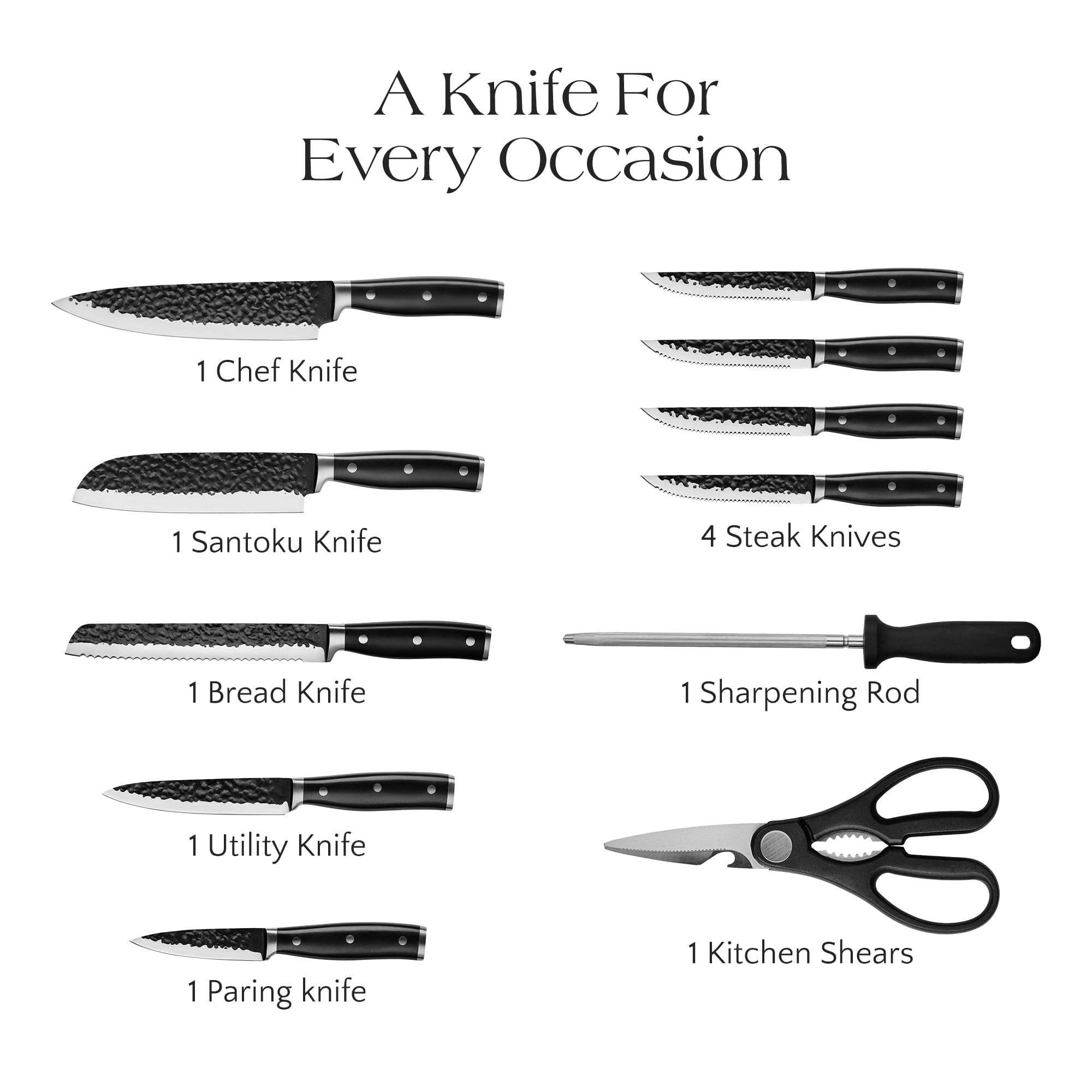 OrGREENiC Hammered High Carbon Steel Knife Set - Non-Stick Tsuchimi Blade Texture, Ergonomic Handle, Professional Sharpness for Precision Cutting - Includes Chef, Bread, Utility, and Steak Knives