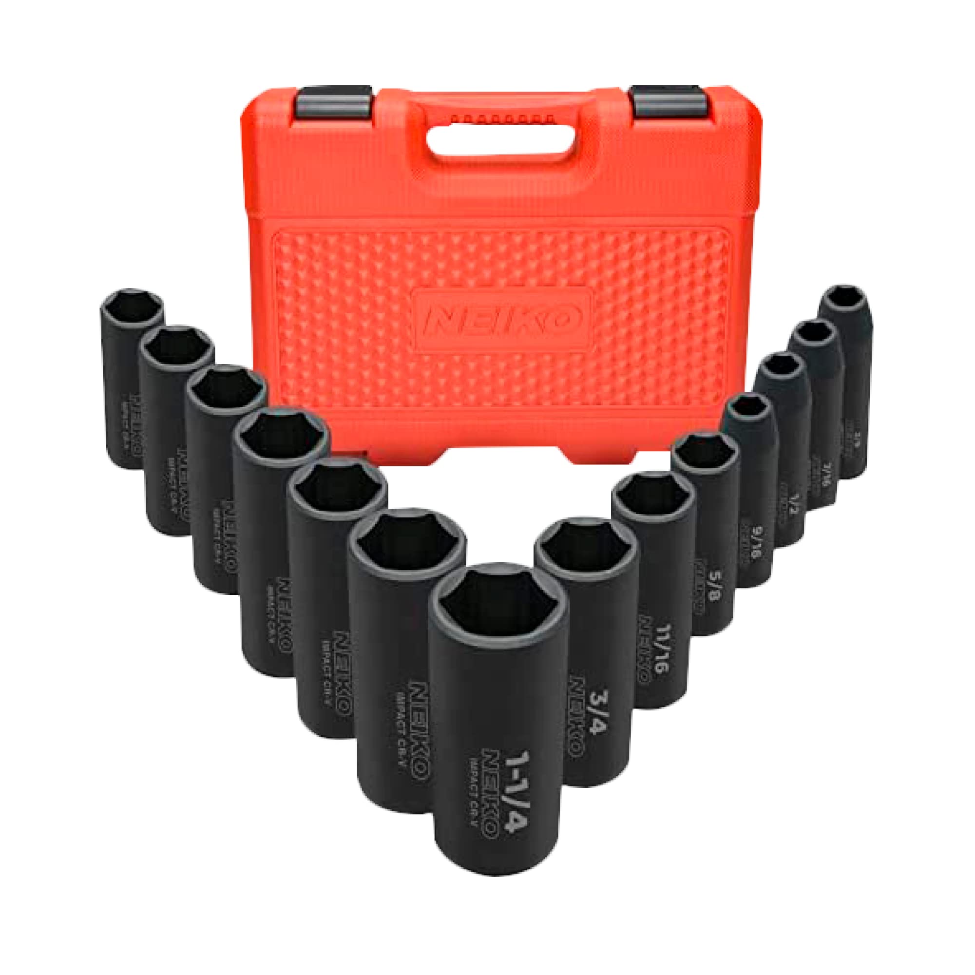Neiko 02476A 1/2" Impact Socket Set, 14 Piece 6 Point Impact Set, Standard Impact Socket Set, SAE Sizes (3/8-Inch to 1-1/14") Cr-V Steel, Deep Socket Set 1/2 Drive