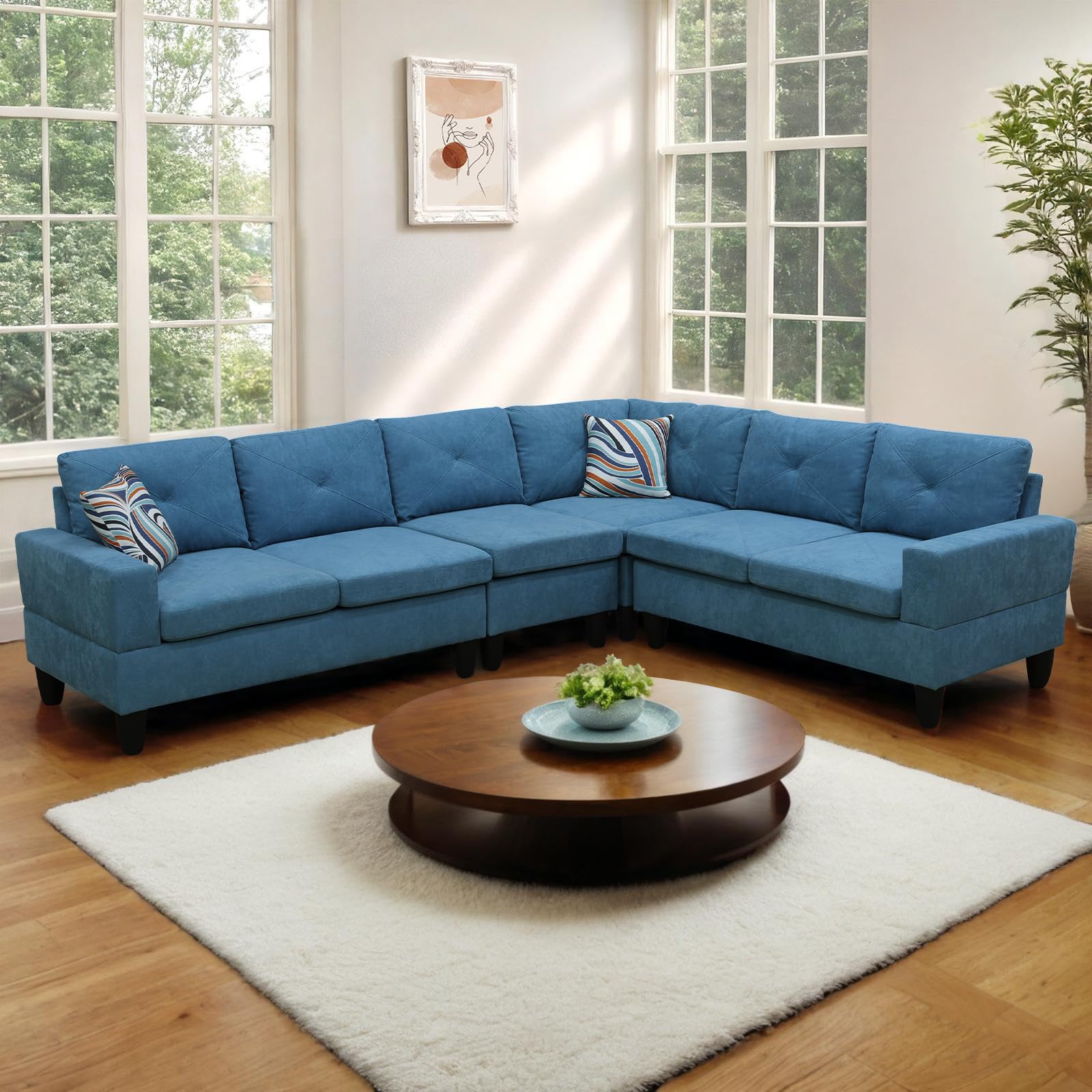 Rovibek L Shaped Sectional Sofa Couch U Shaped Couches for Living Room 6-Seater Corner Sofa Furniture Sets, Blue
