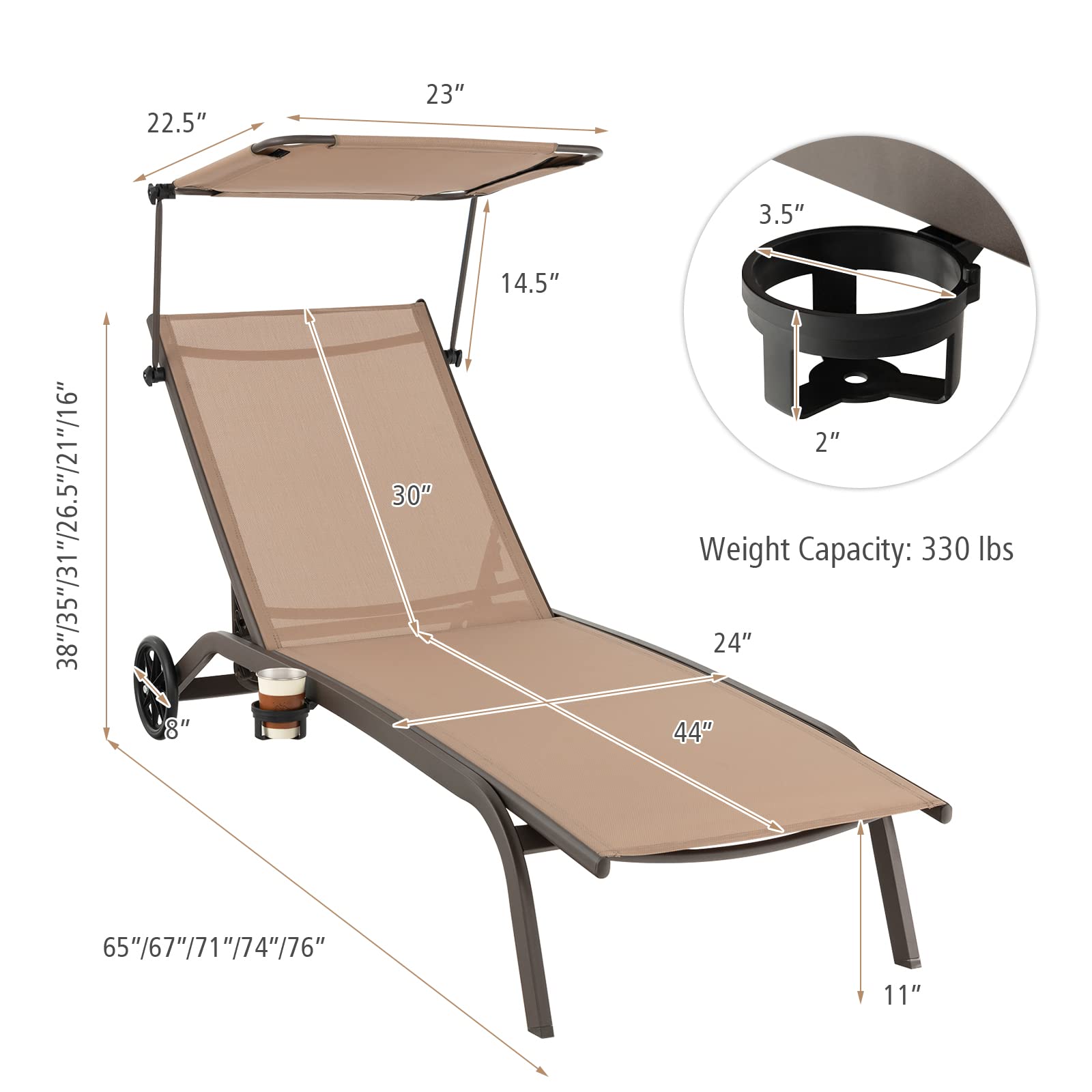 Tangkula Patio Chaise Lounge Chair Set of 2, Outdoor Recliner with Wheels, Adjustable Canopy & Cupholder, 6-Level Backrest, Heavy-Duty Metal Reclining Lounger for Poolside, Backyard (2, Brown)