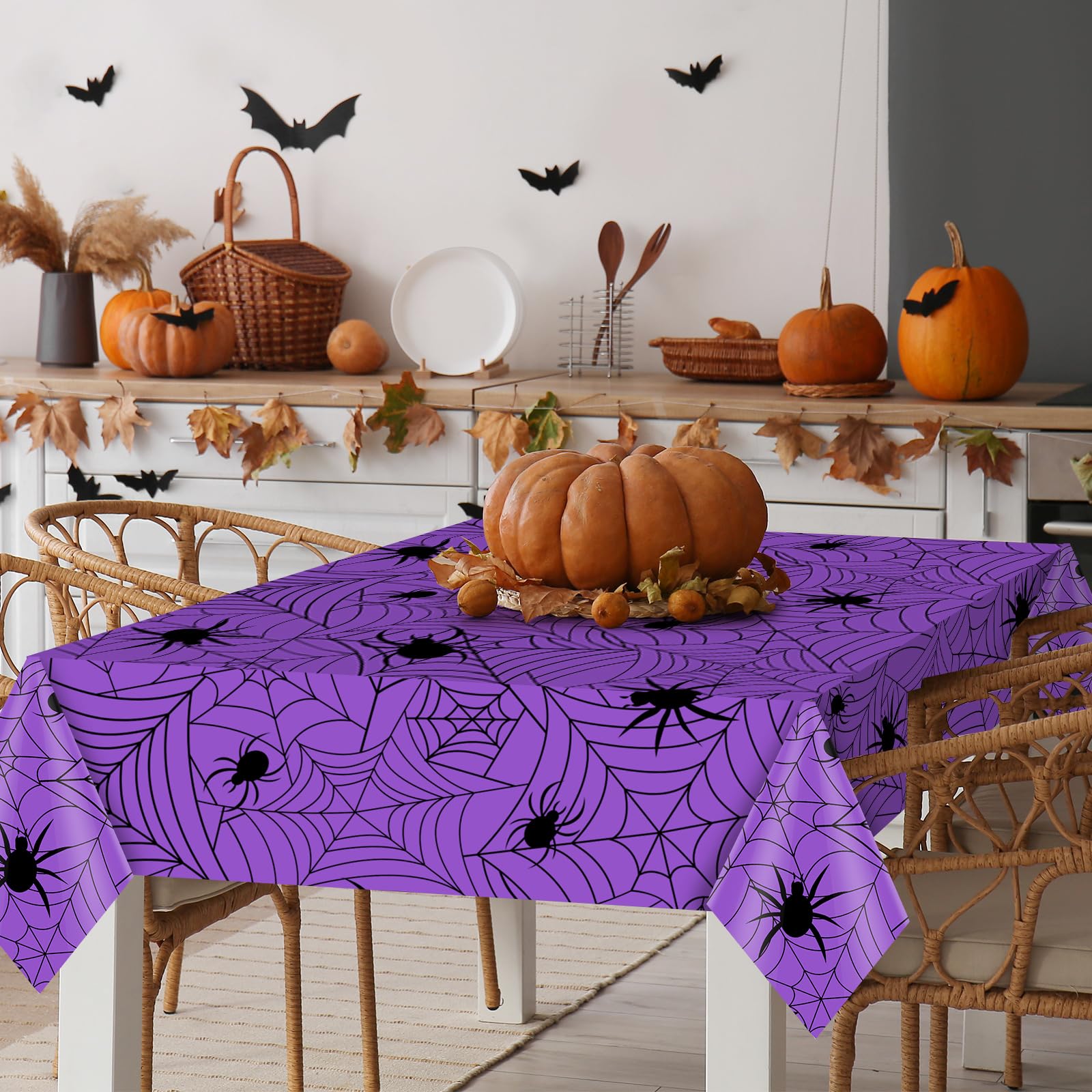 Oudain 3 Pcs Halloween Plastic Spider Web Tablecloth 54'' x 108'' Rectangular Spiderweb Table Cloth Disposable Waterproof Cobweb Table Cover for Halloween Birthday Party Decor, Black Purple Orange