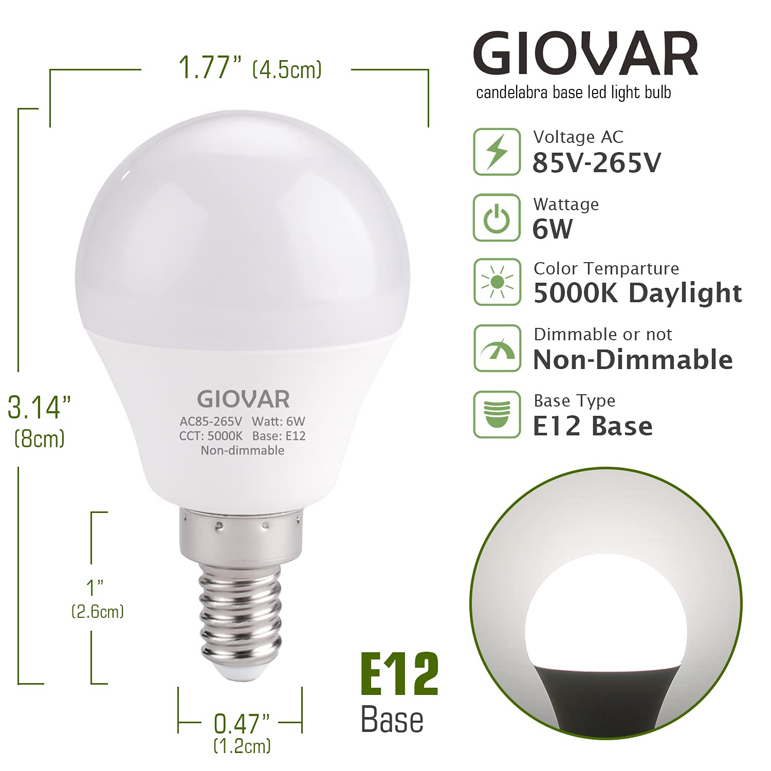 GIOVAR 8-Pack E12 LED Light Bulb 120V 60W Equivalent, Candelabra Base LED Ceiling Fan Light Bulb Daylight 5000K, Non-Dimmable