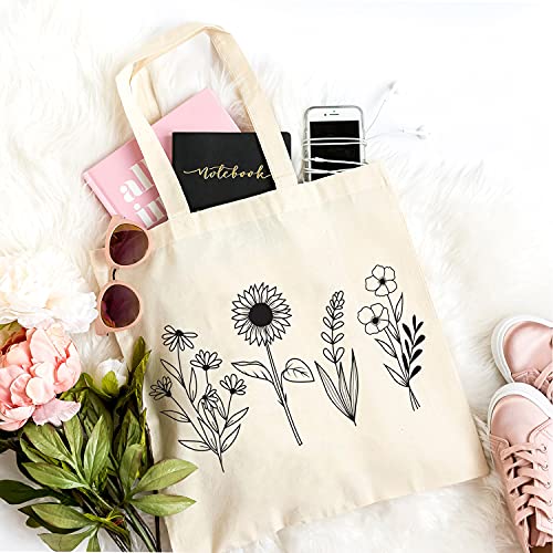 Wildflower Canvas Tote Bag Flower Lover Funny Reusable Shopping Bag with Handles For Student Work 15.8 x 13.5 inches