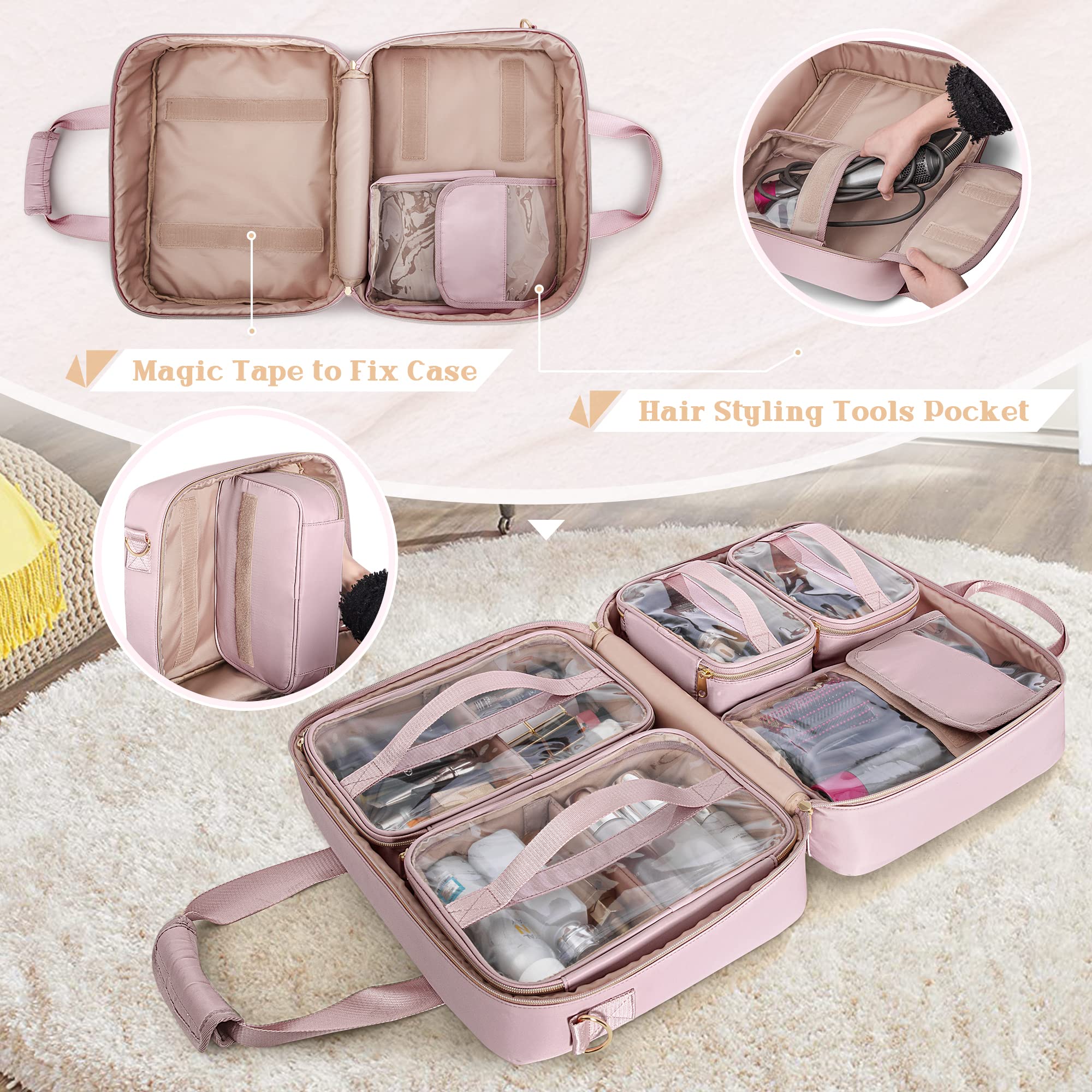Prokva Professional Makeup Artist Travel Case with 4 Detachable Cosmetic Bags, Large Make up Organizer Bag with Makeup Kit Storage Section and Hair Tools Pocket, Pink (Empty Bag Only)