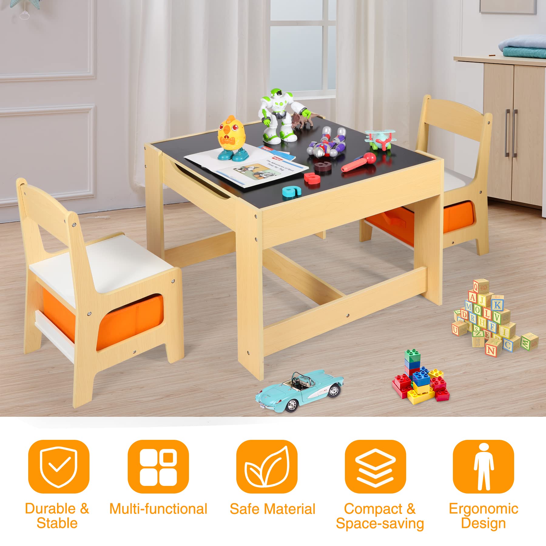 RedSwing Kids Table and Chair Set, 3 in 1 Wooden Childrens Craft Table with 2 Chairs Storage Drawers,Toddler Activity Art Table for Drawing,Reading,Playroom