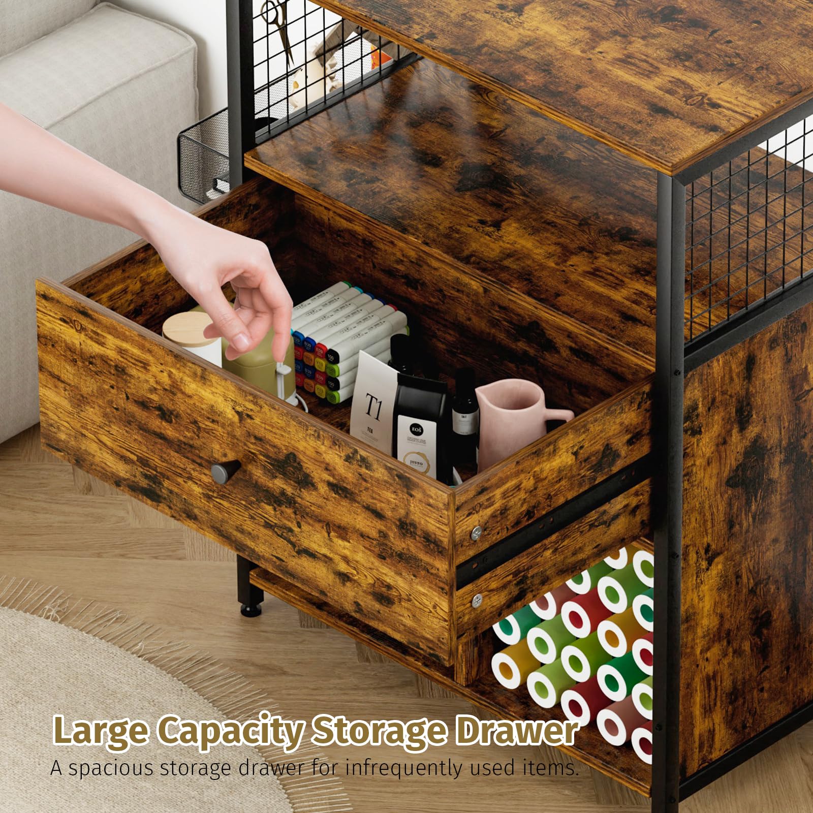 Qiaoxuan Craft Organizer and Storage Table Compatible with Cricut Machines, Craft Storage Cabinet with Vinyl Roll Holder, Craft Cabinet Workstation Tool Holder for Craft Room Home Office