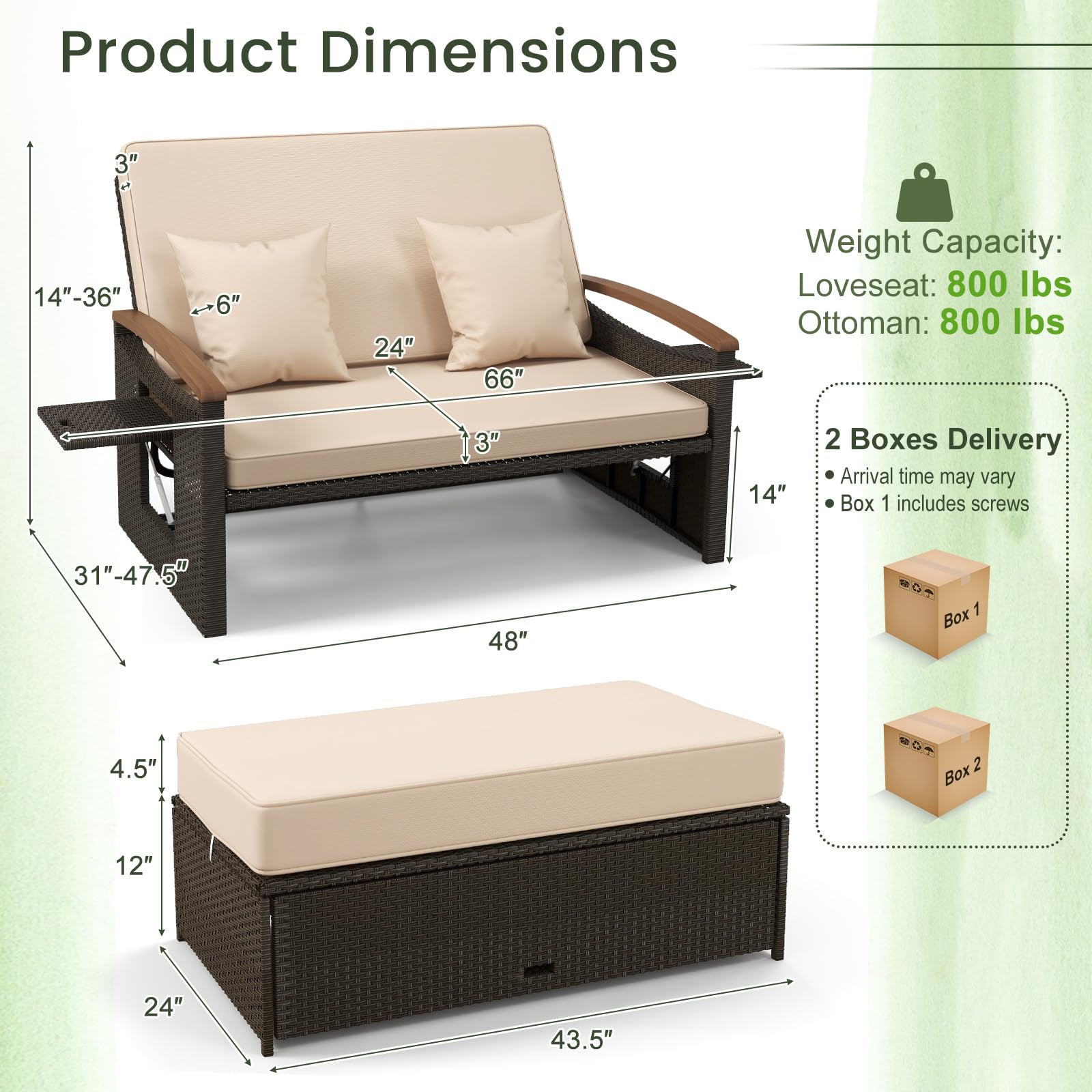 Tangkula Patio Rattan Daybed Set with Cushioned Loveseat and Storage Ottoman, Outdoor Double Chaise Lounger with 4-Level Adjustable Backrest and Retractable Side Trays for Backyard (Beige)