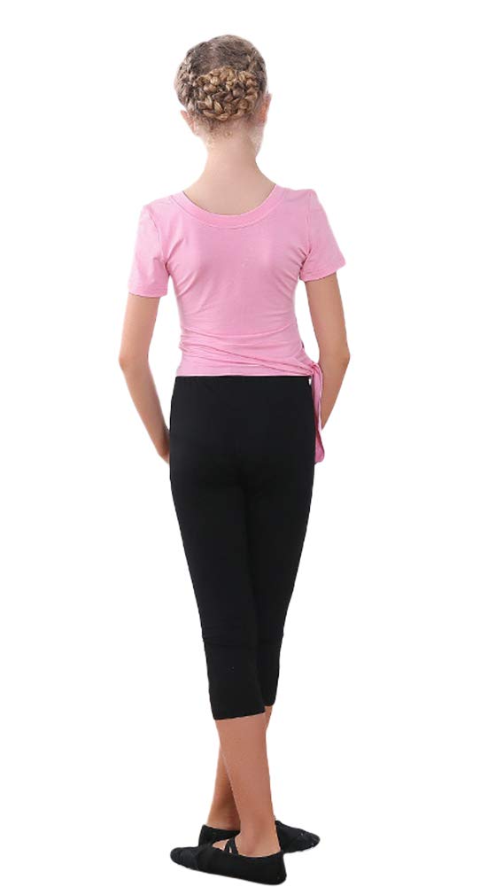 Girls Ballet Leotard Dance Outfits with Short Sleeves Top and Capri Leggings Kids Gymnastics Clothes Set Pink