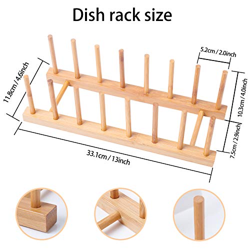 Wevapers 2Pack Bamboo Wooden Dish Rack, Plate Rack Stand Pot Lid Holder, Kitchen Cabinet Organizer for Cup, Cutting Board, Bowl, Drying Rack and More