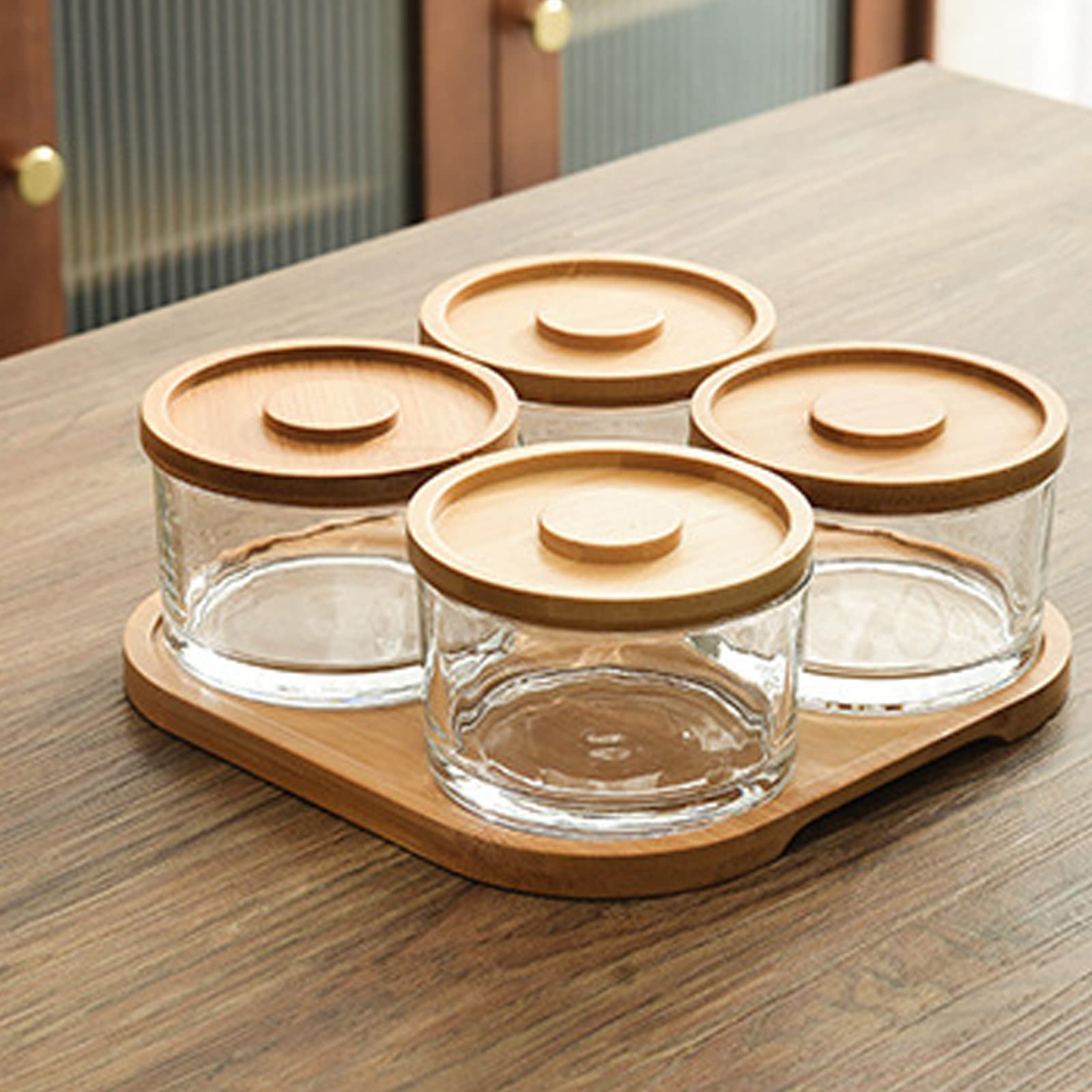 KVMORZE 9.5oz Chip and Dip Serving Set with Bamboo Tray, Snack Candy Fruit Nut Serving Platter, Small Glass Dipping Serving Bowls with Lids for Condiments, Side Dishes, Pre, Dessert, Salsa (4 Slots)