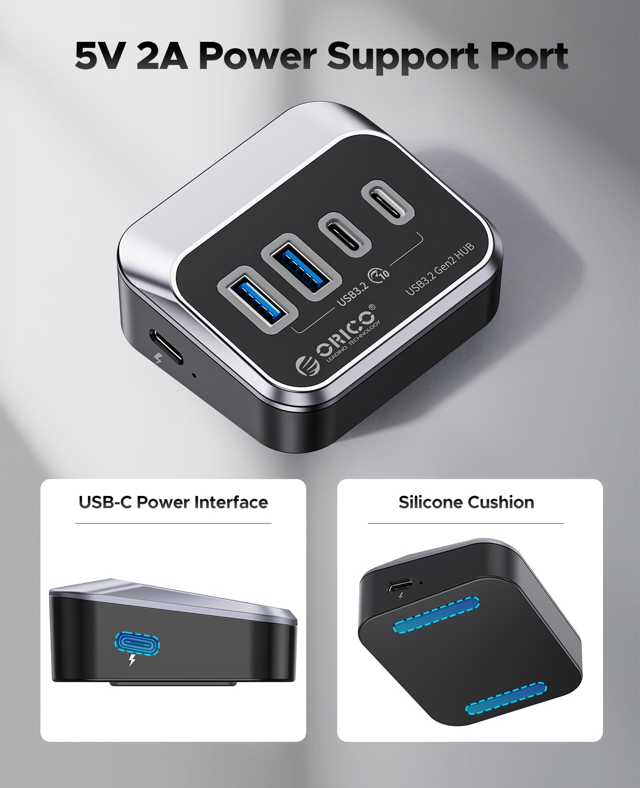 ORICO USB Hub 10Gbps with 2 USB A Ports+2 USB C Ports, USB 3.2 Gen 2 Hub with 1.64Ft USB-C Cable and USB-A Adapter USB Splitter for iMac, All MacBooks, Mac Mini