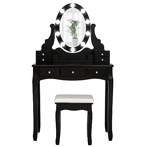 Quimoo Large Vanity Desk with LED Lighted Mirror & Power Outlet,Makeup Vanity Table with 7 Drawers,4 Shelves and 8 Hooks,for Bedroom,Bathroom,Black