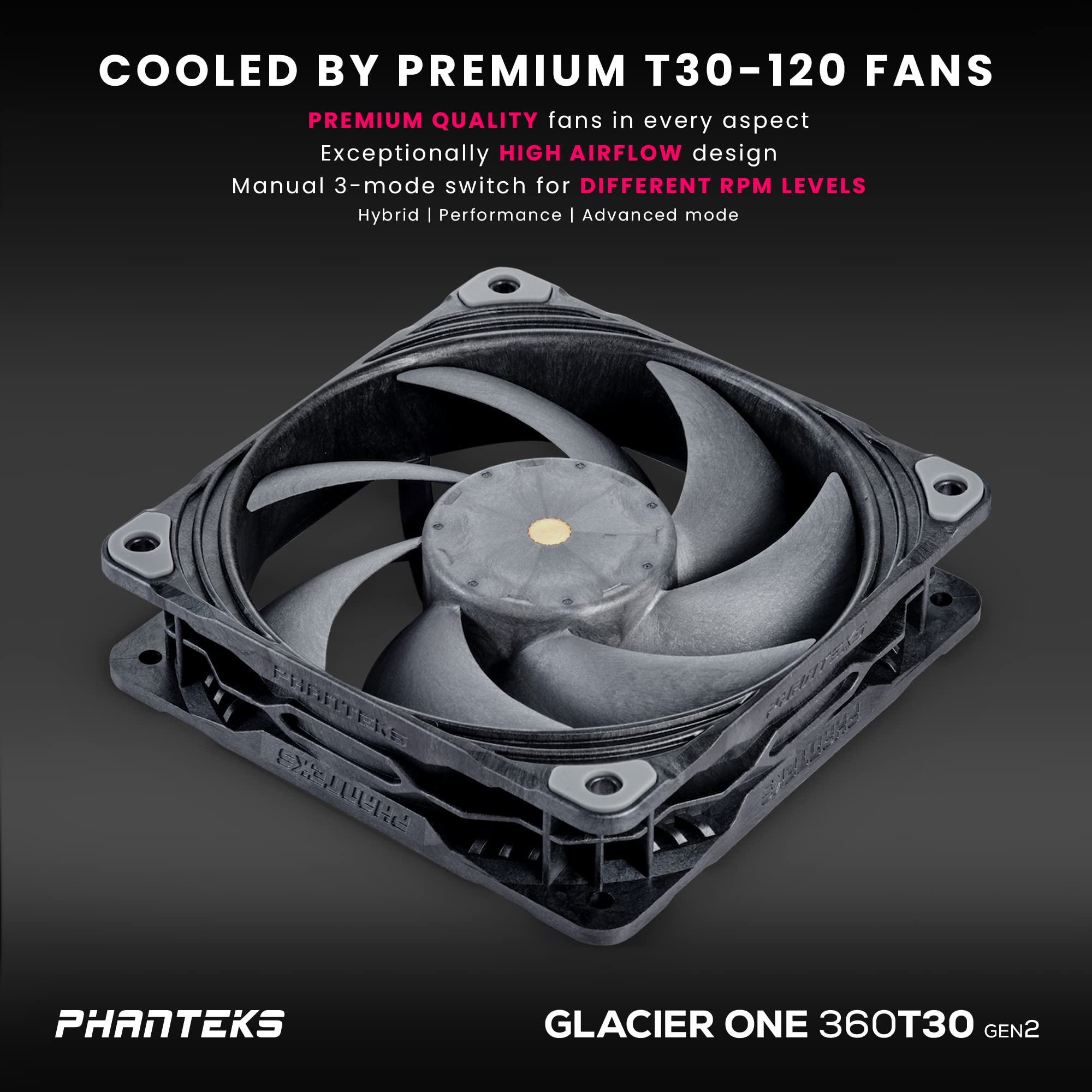 Phanteks (PH-GO360T30_DAG02) Glacier One 360T30 Gen 2 D-RGB AIO Liquid CPU Cooler, 360mm Radiator, Infinity Mirror Pump Cap Design, Aluminum Covers, 3X T30-120 Premium High-Performance Fans, Black