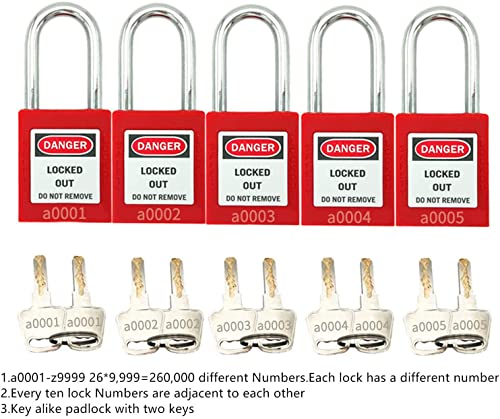 Lockout Tagout Lock 5pcs Set Loto Product Safe Padlocks for Lock Out Tag Out Stations and Devices (Red, Key Alike)
