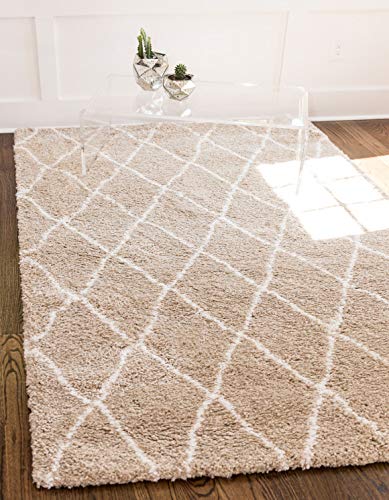 Unique Loom Rabat Shag Collection Modern Tribal Moroccan Inspired Plush & Soft Geometric Design Area Rug (5' 0 x 8' 0 Rectangular, Taupe/ Ivory)