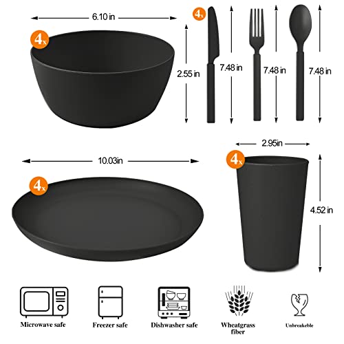 Wheat Straw Dinnerware Sets - 24 pcs Lightweight Unbreakable Dishwasher Microwave Safe Cups Cutlery Plates and Bowls Set for 4 Suitable for Camping Party Grill(Black)