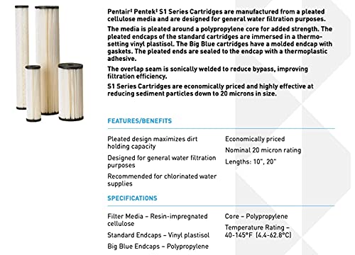 Pentair Pentek S1-BB Big Blue Sediment Water Filter, 10-Inch, Whole House Heavy Duty Pleated Cellulose Filter Cartridge, 10” x 4.5”, 20 Micron