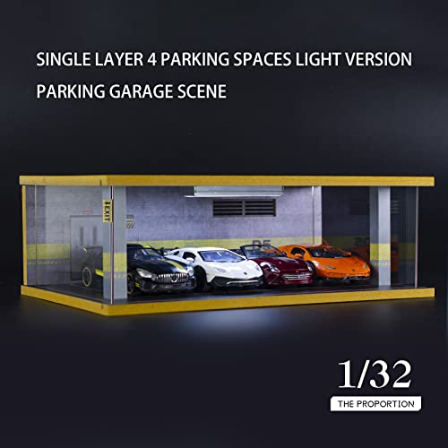 SIKIVOT Model Car Display Case,Model Car Parking Lot Garage,Display Case for 1/32 Diecast Cars,4 Parking Space with LED Light and Acrylic Cover (7334D5)