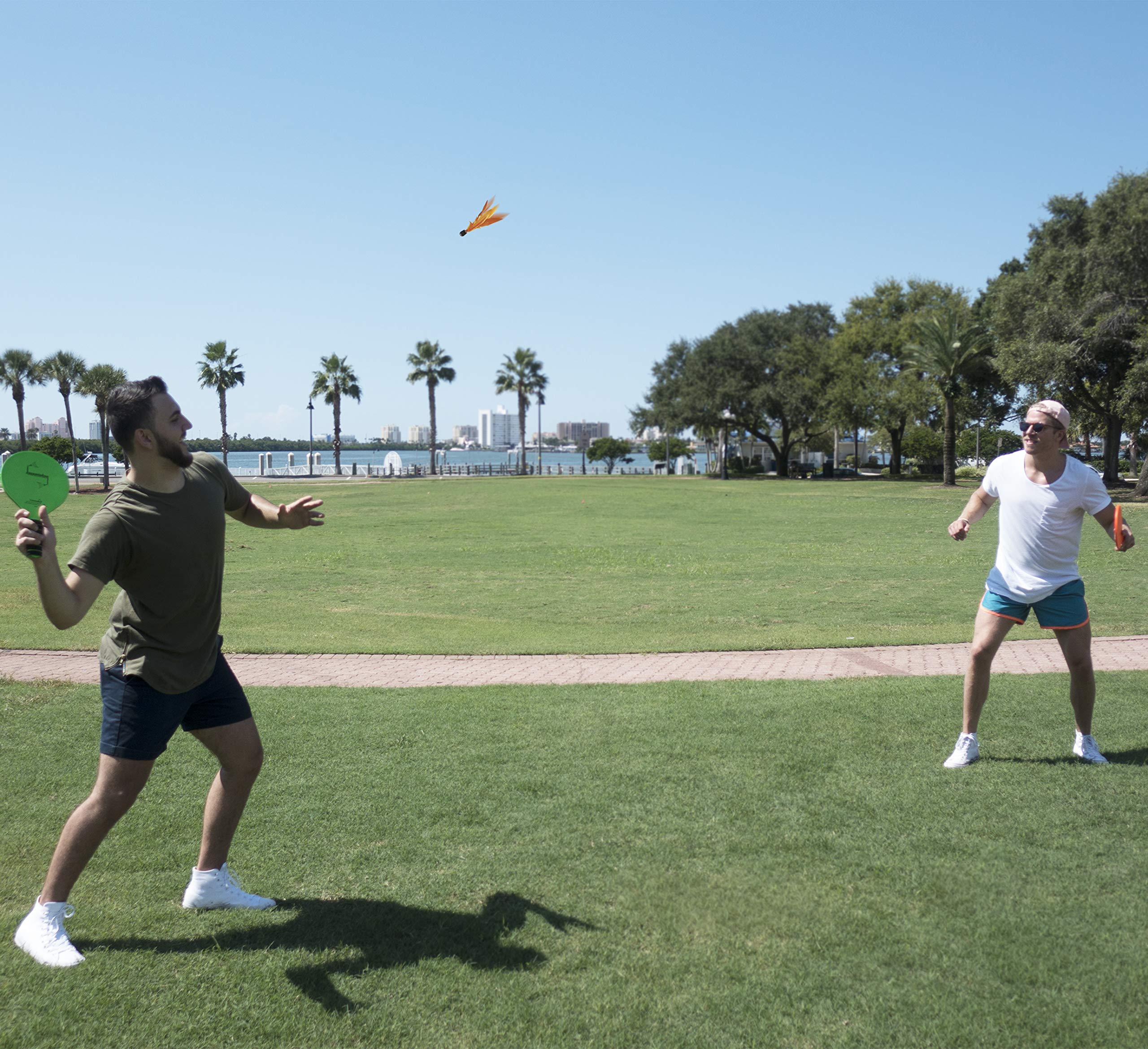 Funsparks Jazzminton Paddle Ball Game with Carry Bag - Indoor Outdoor Toy - Play at The Beach, Lawn or Backyard - 2 Wooden Racquets - 4 Shuttlecocks - 1 Ball