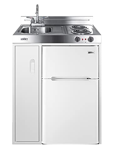 Summit C30ELGLASS 30 Kitchenette with 2 Element Cooktop Refrigerator with Freezer Sink and Faucet in White