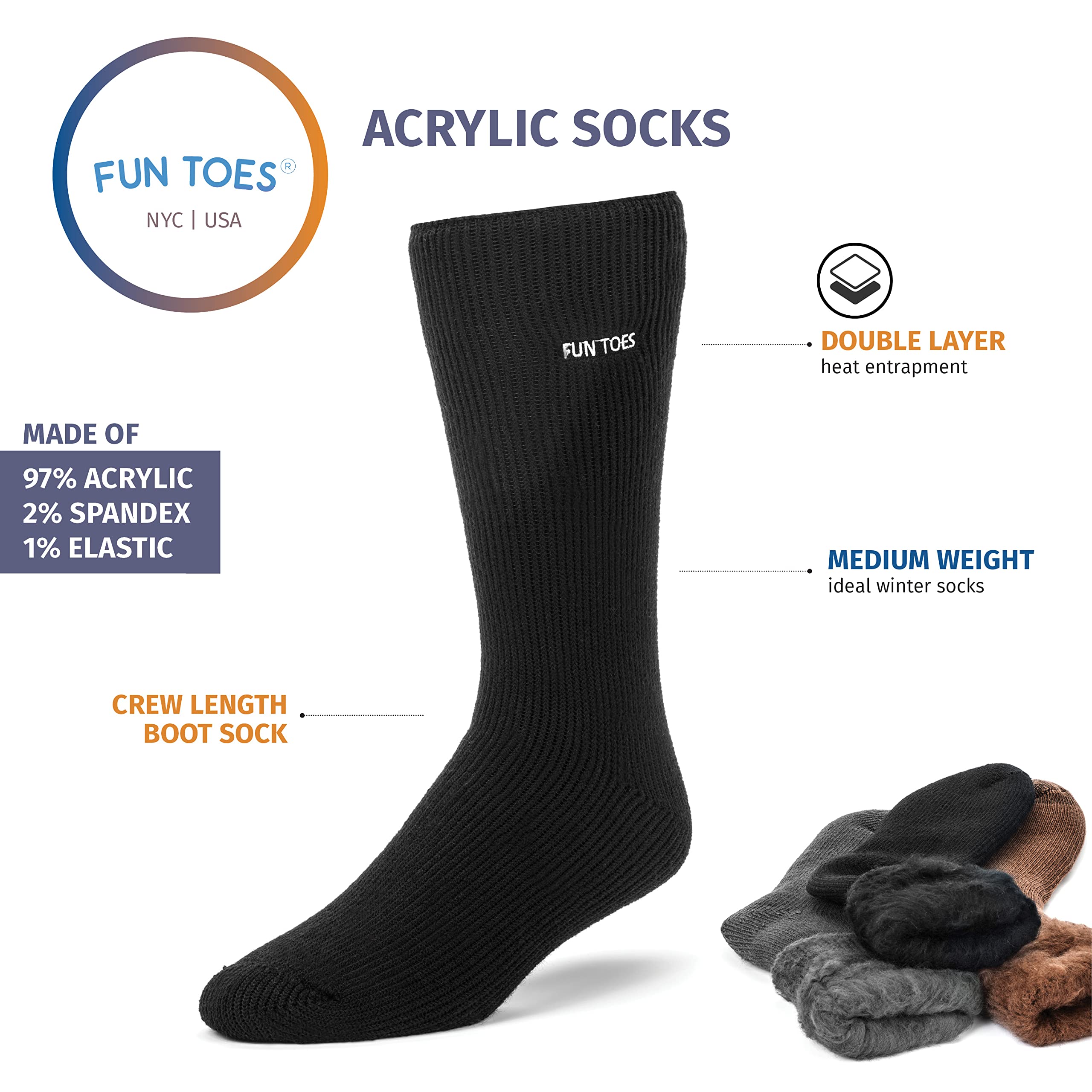 FUN TOES Men 3 pairs thermal insulated heavy duty winter acrylic brushed socks size 8-13 (Black)