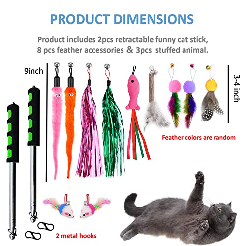 Whefory Retractable Cat Fishing Pole, Cat Toys Wand for Indoor Cats, Cat Fishing Rod for Kitten with 11 Pcs Refills(Feather&Mice)