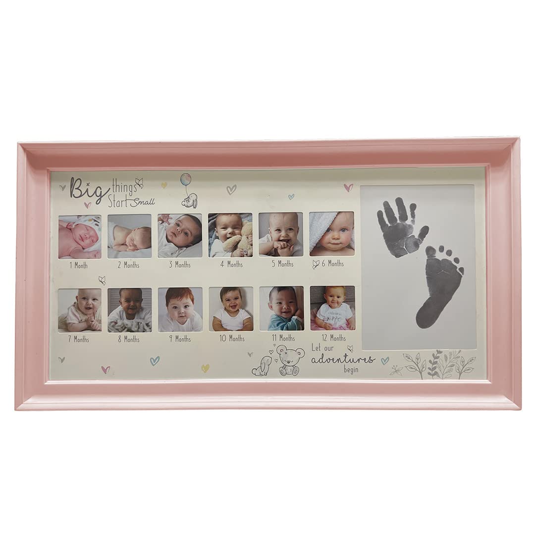 Moteizho Baby Prints New Born Keepsake Frame 12 Month Picture Frame Milestone Photo Frame Footprint HandPrint Kit 15"x8"x1" (Pink)