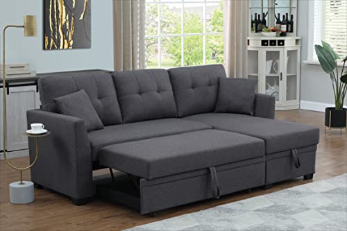 Payeel Sectional Sofa with Pull-Out Bed and Storage Chaise Lounge 81.5" Reversible Furniture Contemporary L-Shaped Fabric Sleeper Sofa for Living Room (Dark Gray)