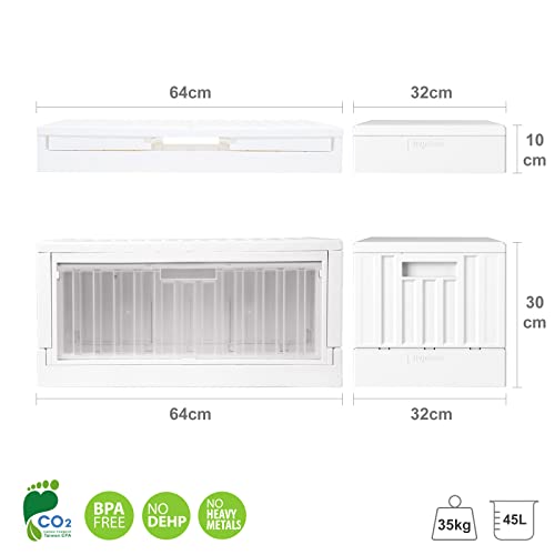 livinbox 45L collapsible storage bins with door, comic books container, dust-proof stack-able folding box for Home Office Bedroom Dorm Toys Bedding, white & transparent, FB-6432S-WTTR