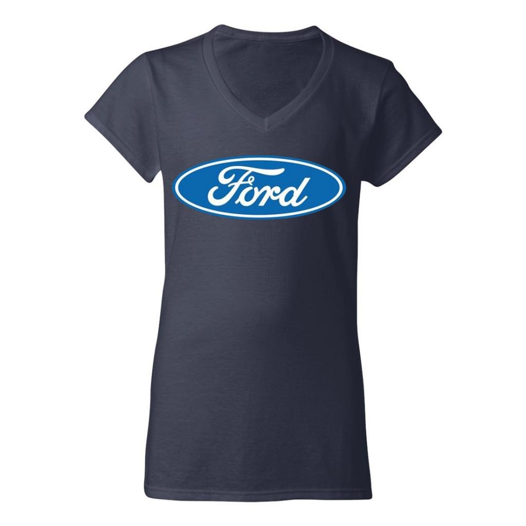 Ford Oval Logo Ladies V-Neck T-Shirt Womens Tee Navy Blue, Large