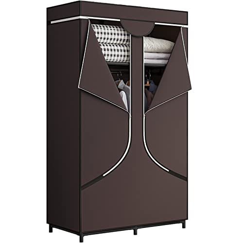 SORCEDAS Portable Wardrobe Closet Storage Organizer Metal Hanging Rack Non-Woven Fabric 34 Inch Coffee (34 Inch, Coffee)