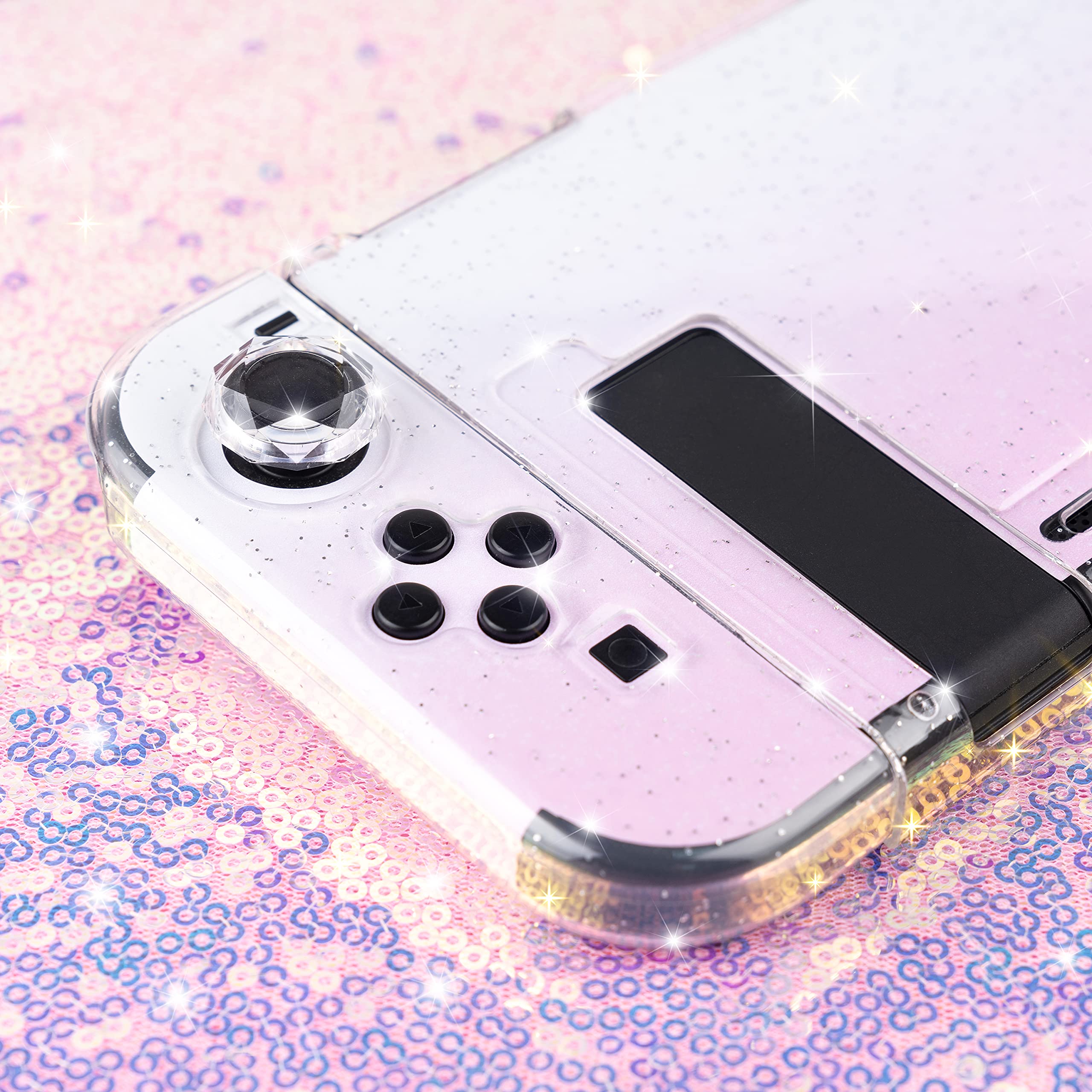 Glitter Switch Bundle | Gradient Shiny Clear Case with Cute Pastel Sticker Wrap Vinyl Decal Crystal Thumb Grips | Compatible with Nintendo Switch (Switch Standard, White Pink)
