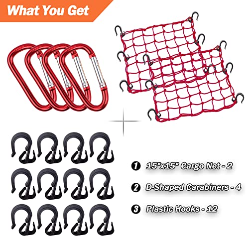 Thewinio Cargo Net 15"x15" Stretches to 30"x30" with Thicken Hooks | Natural Latex Core, Tight 2βx2β Mesh Small Heavy Duty Bungee Net for Motorcycle Helmet, Bike, ATV, UTV, Luggage (Red, 2 Pack)