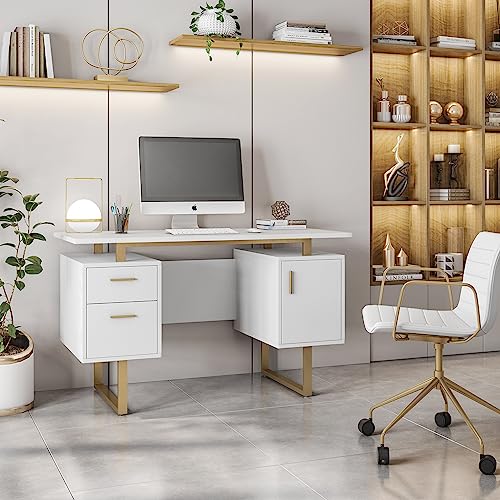 Techni Mobili Storage Drawers and Cabinet 51.25β W-Modern Office Large Floating Desktop Surface Desk, 23.6" D x 51.2" W x 29.8" H, White/Gold
