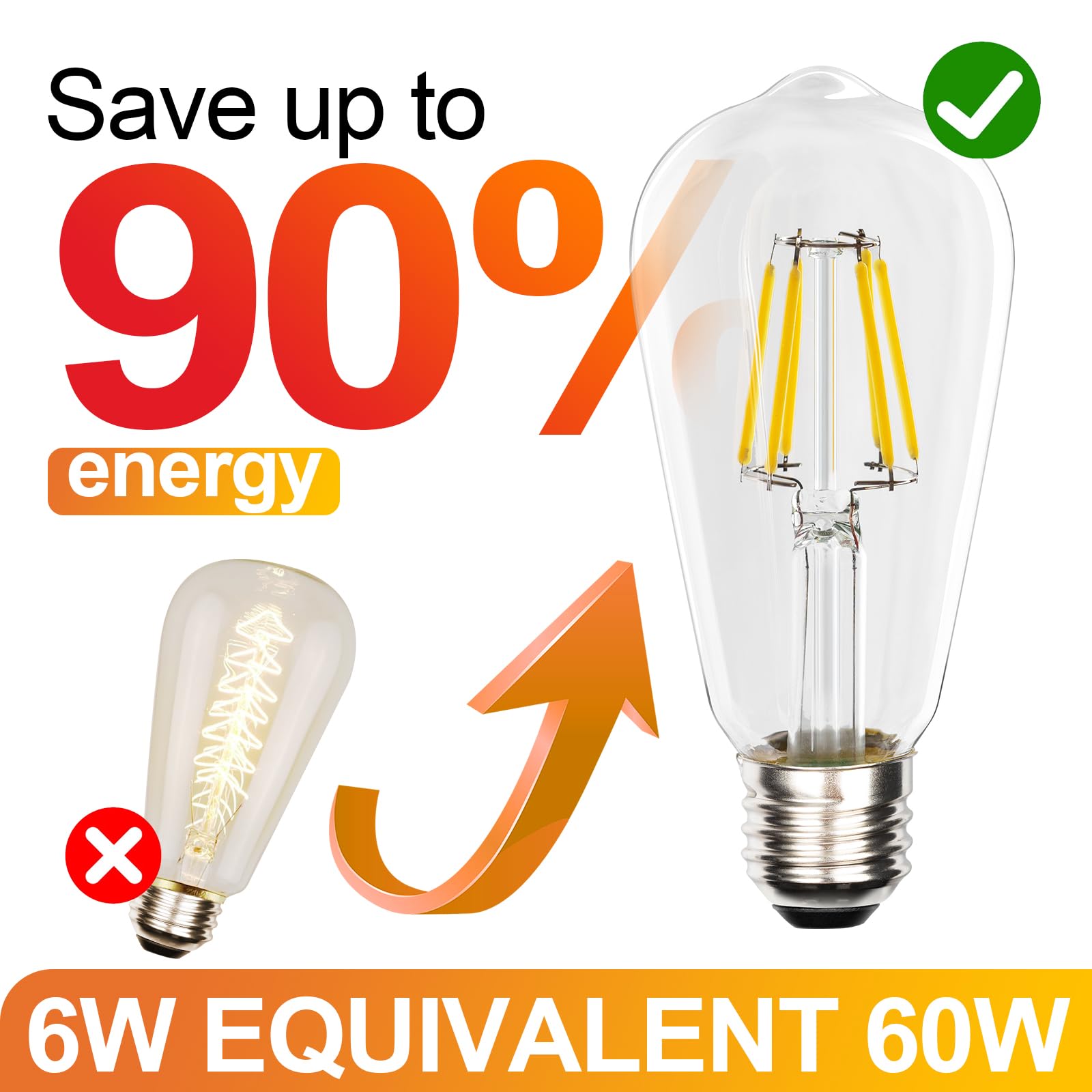 PUIPUM Edison Bulbs 60 Watt Led, Led Edison Bulb, Vintage e26 Edison Bulb, ST58 led Light Bulb,Daylight White 4000k,80CRI,700 Lumen, Edison Bulbs for Home, 6 Pack, Clear,Non-Dimmable