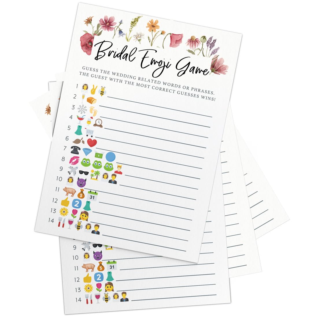 Printed Party Bridal Shower Game Set β 4 Fun Games and Activities for 30 Guests, Includes Bingo, Emoji Guessing, and Bride & Groom Trivia, Love In Bloom Wildflower Design