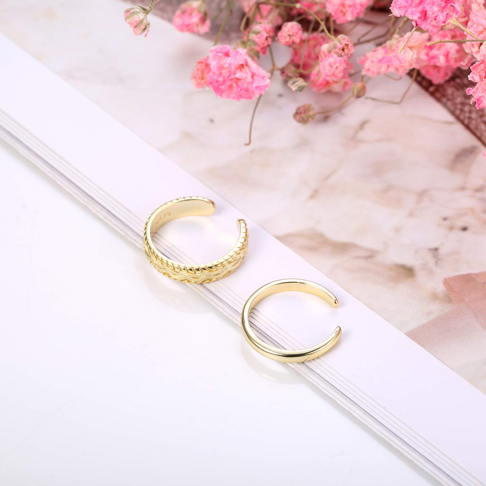 FUNRUN JEWELRY 2 PCS Sterling Silver Toe Ring for Women Girls Retro Vintage Design Adjustable Ring Set (B:18K Gold Plated)