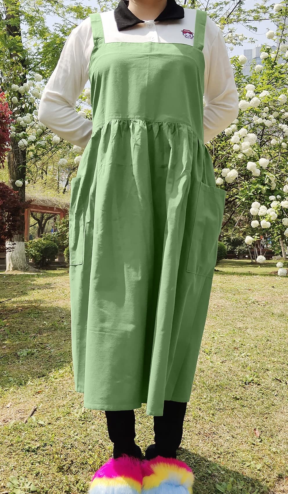 losofar Cotton Linen Square Dress Overalls Kitchen Gardening Solid Color Apron Flower Shop Smock (Green, 92cmx110cm)